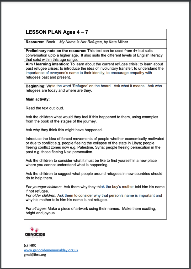 Lesson Plan: My Name is not Refugee - IHRC